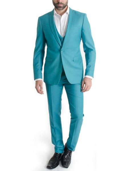Men's Turquoise One Button Narrow Peak Lapel Spring Vested Slim Fitted ...