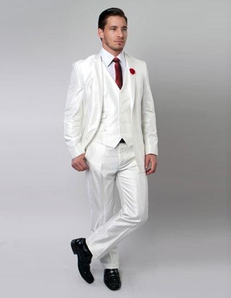 Men's Sharkskin Flashy Metallic Silky White Shiny 2 Button 3 Piece Sui ...