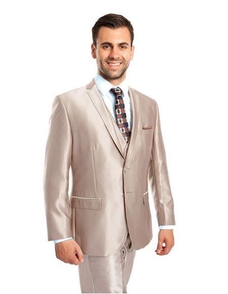 Men's Sharkskin Flashy Metallic Silky Beige Shiny 2 Button 3 Piece Sui ...