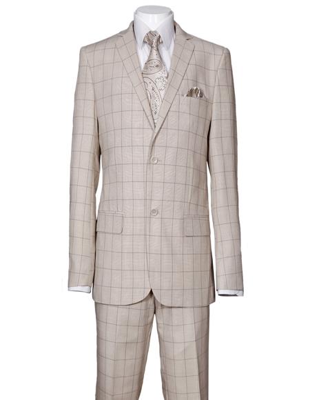 Men's Plaid Window Pane Pattern Suit Side Vent Regular Fit Tan Afforda ...