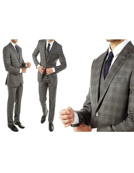 Ultra Slim Fit Gray With Tint of Blue Plaid Suit - Grey Windowpane Ves ...
