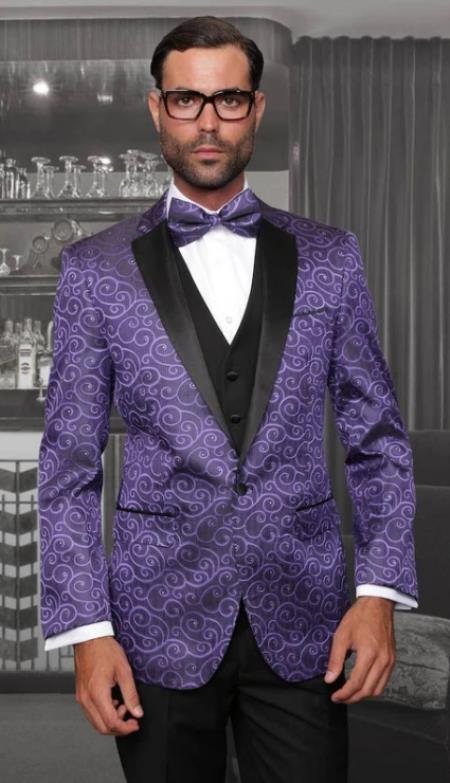 Mens One Button Notch Lapel Texture Pattern Purple Suit — Menssuitsatlanta