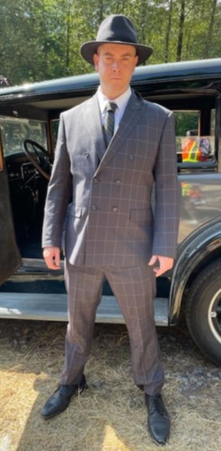 Gangster Suit - 1920 Mens Grey Pattern Suit With Grey Untochable Hat S — Menssuitsatlanta