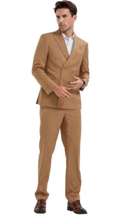 Pinstripe Double Breasted Suits - Camel Suit — Menssuitsatlanta