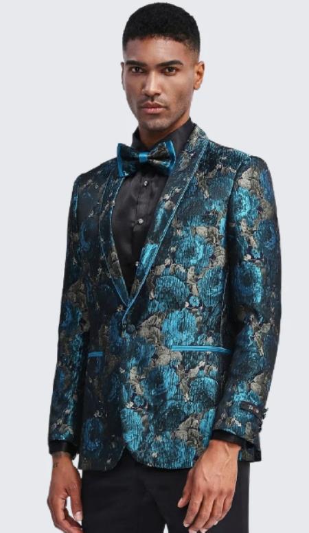 Mens Turquoise And Grey Tuxedo Jacket Floral Pattern Slim Fit - Blazer ...