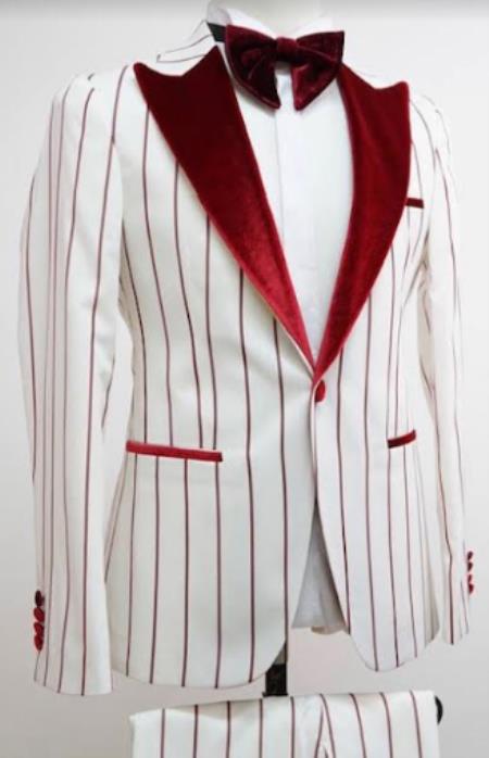 Mens One Button Pinstripe Pattern Suit White and Red — Menssuitsatlanta