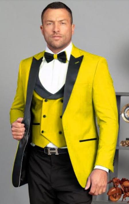 Mens 1 Button Yellow Tuxedo - Peak Lapel With Double Breasted Vest ...