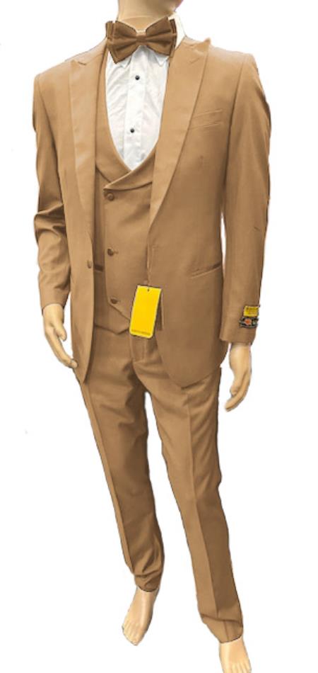 Mens One Button Peak Label Suit Camel — Menssuitsatlanta