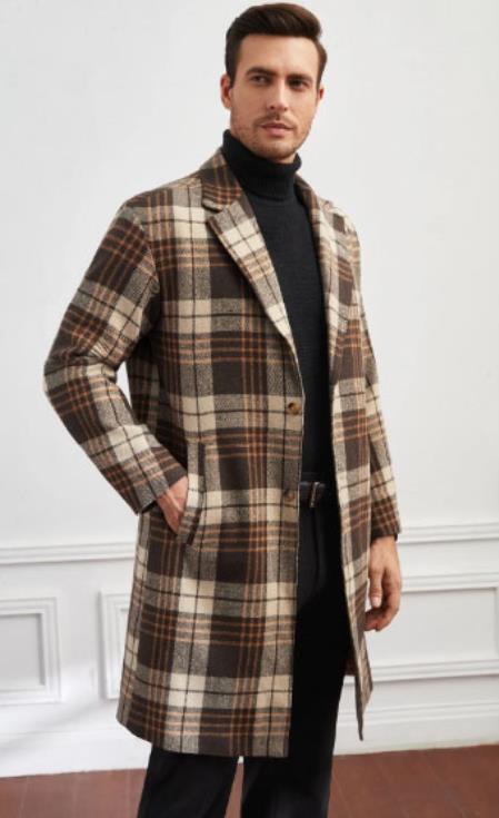 Men Plaid Lapel Neck Slant Pockets Overcoat — Menssuitsatlanta