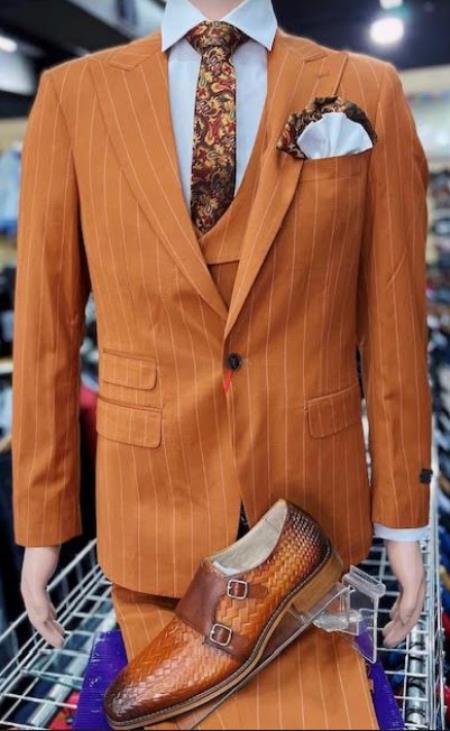 Orange Pinstripe Suit - Rust - Cognac Brick Color Suit + Free White Sh ...