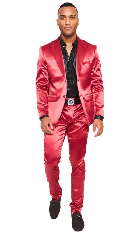 Burgundy Shiny Suit - Flashy Sateen Suit - Bright Color — Menssuitsatlanta