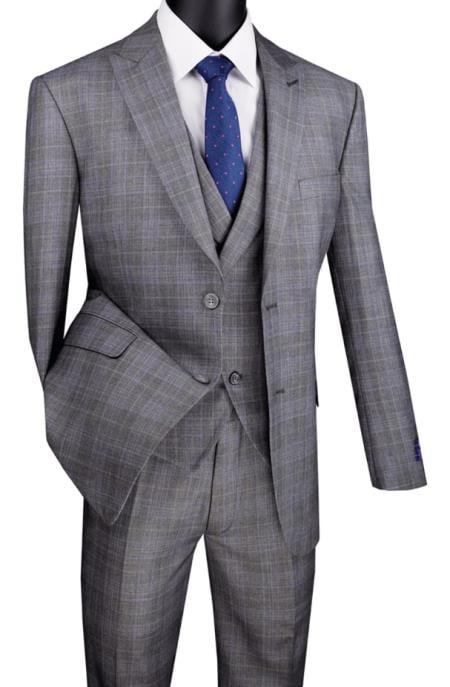 Gray Plaid Suit - Vested Suit - 3 Piece Suits - Peak Lapel Suits - Win ...
