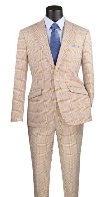 Plaid Suits - Windowpane Beige Suit - Peak Lapel Style — Menssuitsatlanta